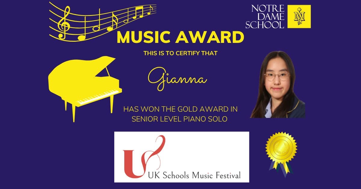 Gold Award for Senior Music Student | Notre Dame School